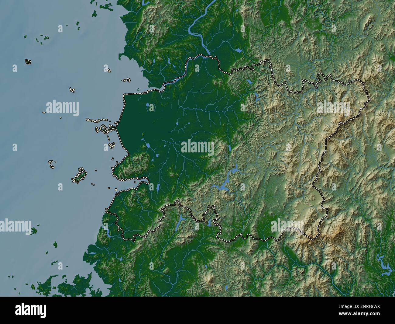 Jeollabuk-do, province of South Korea. Colored elevation map with lakes ...
