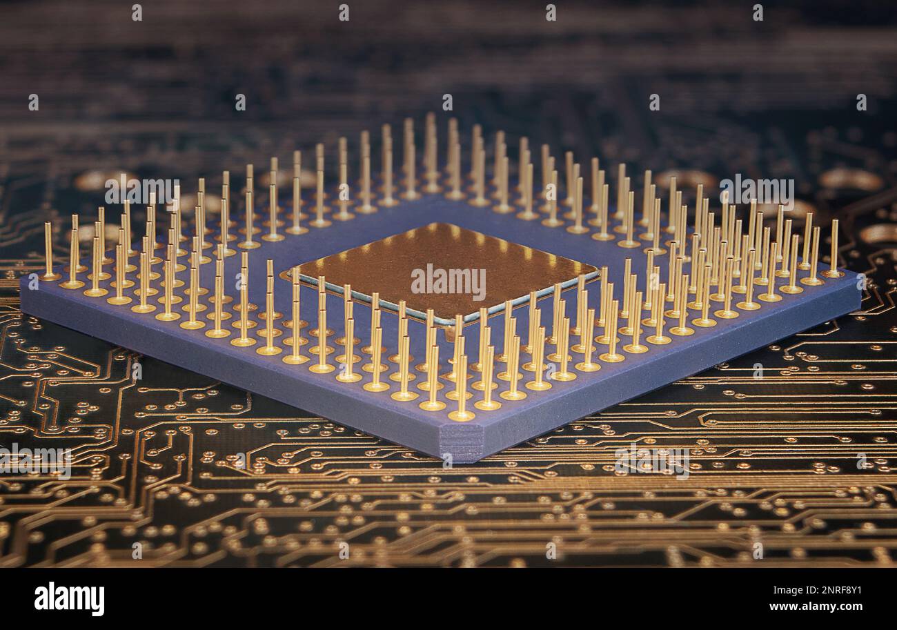 Pga Package Cpu Ic Close Up On Printed Circuit Board Background Stock