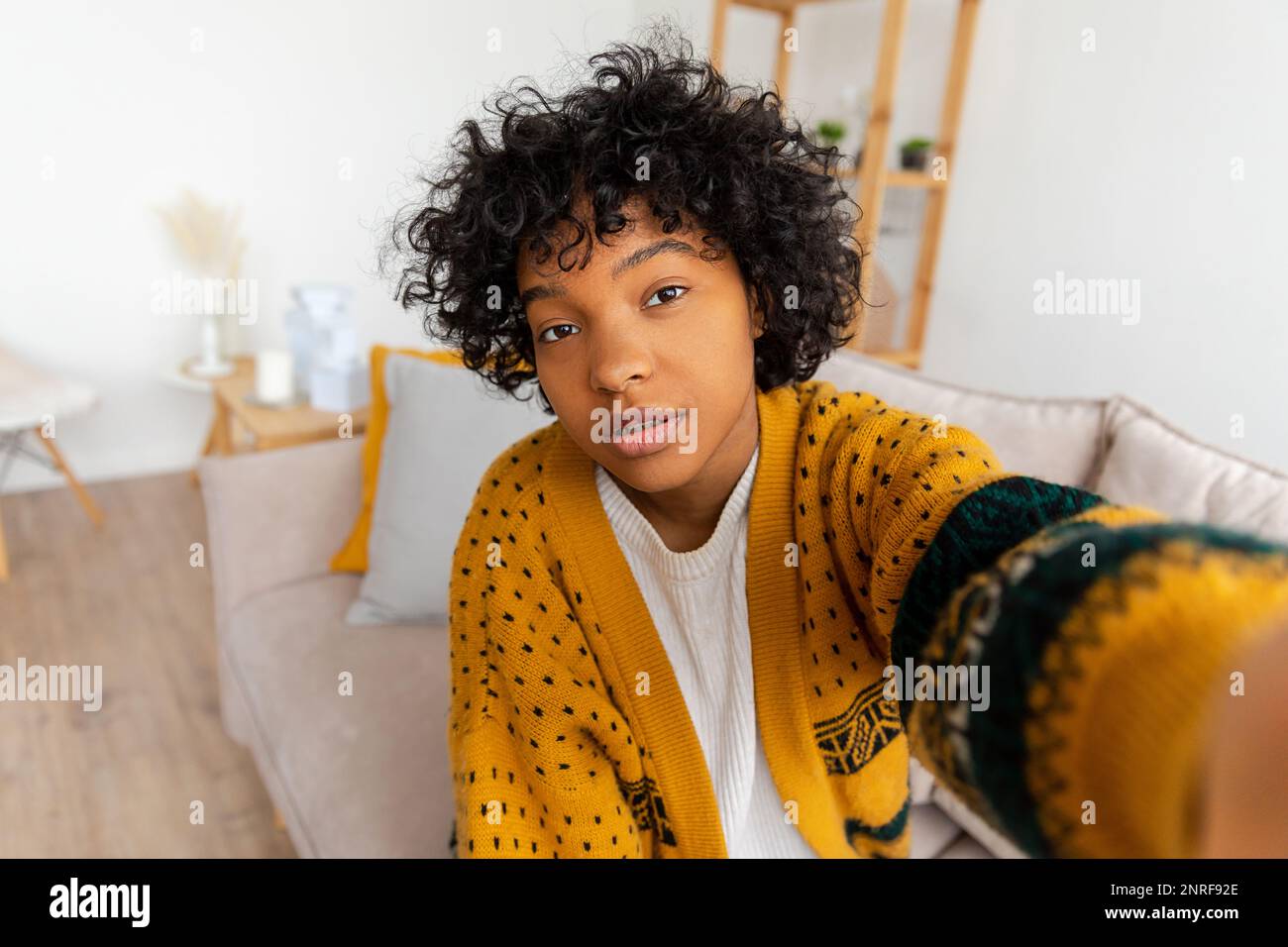 Happy African American Teen Girl Blogger Smiling Face Talking To Webcam Recording Vlog Social