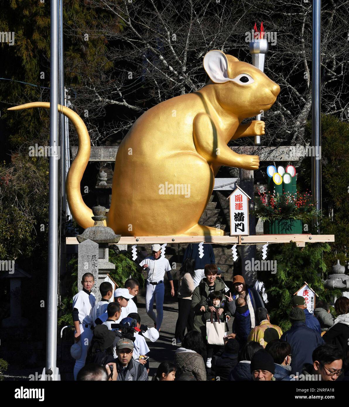 A huge mouse is set in front of the Torii Gate at Tatsumizu Jinja ...