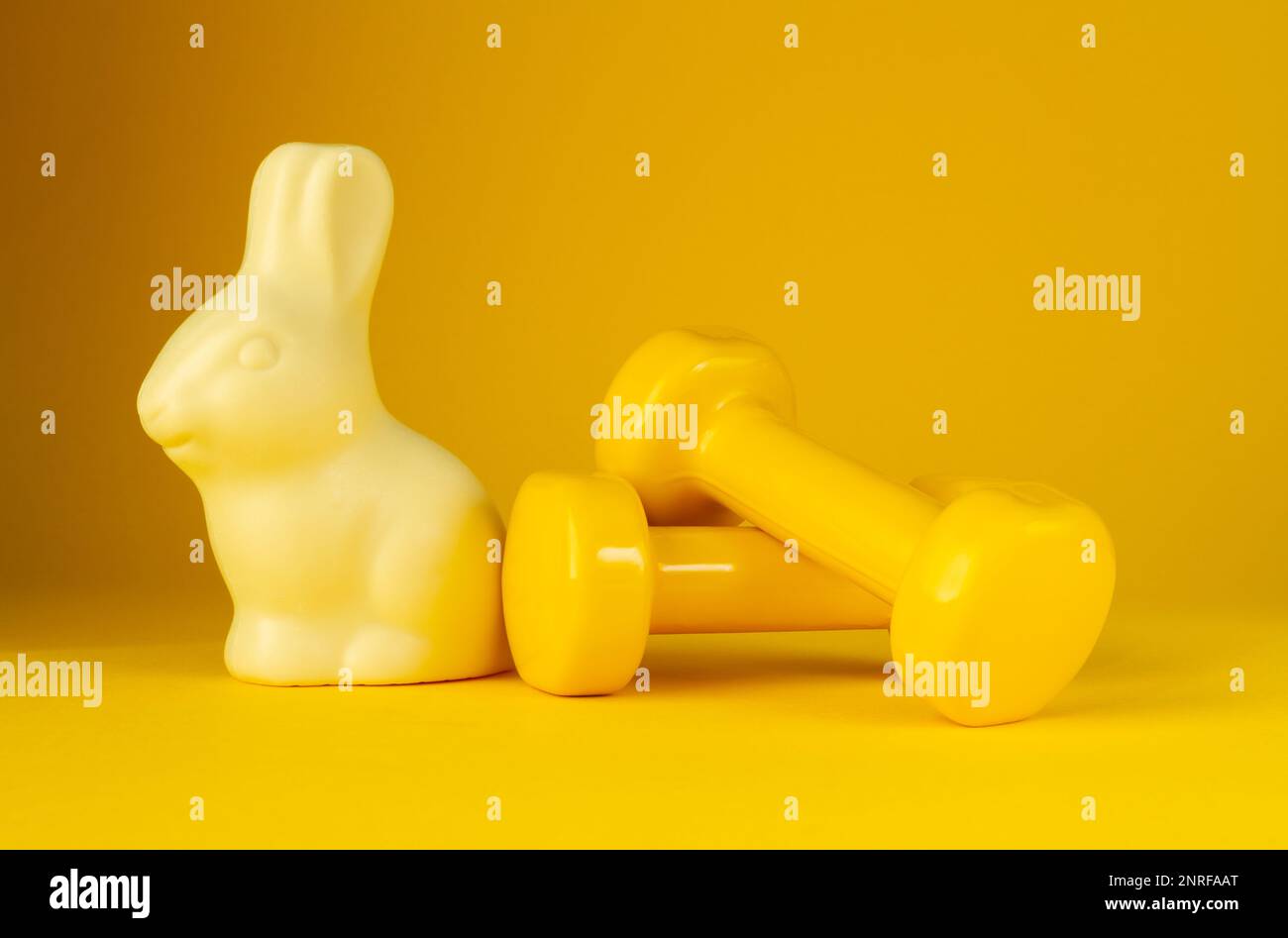 Easter chocolate bunny and dumbbells. Gym workout, fitness exercise ...