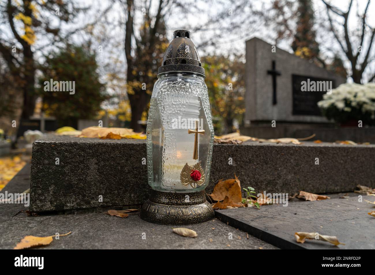 Cemetery grave candle glass lantern. All Saints' Day, Feast of All ...