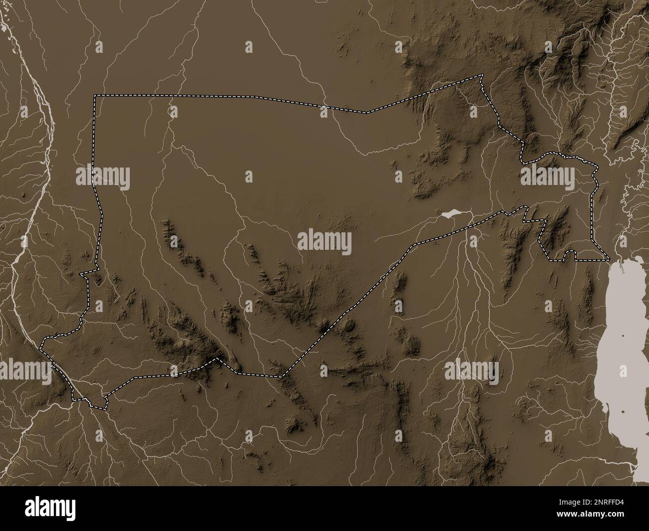 Eastern Equatoria, state of South Sudan. Elevation map colored in sepia ...