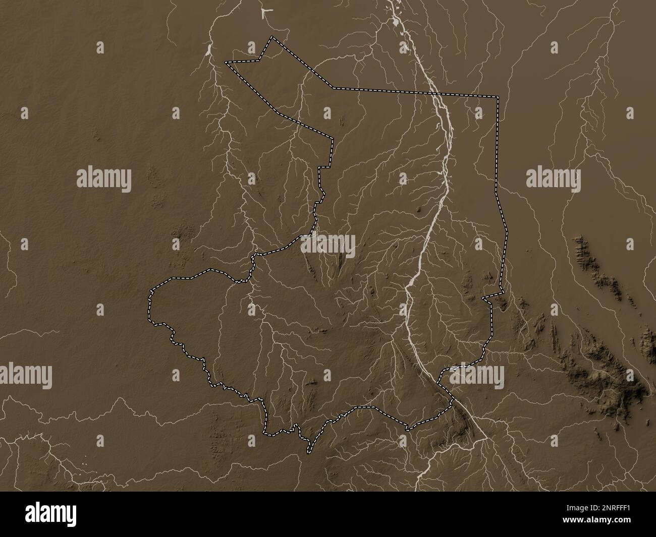 Central Equatoria, state of South Sudan. Elevation map colored in sepia ...