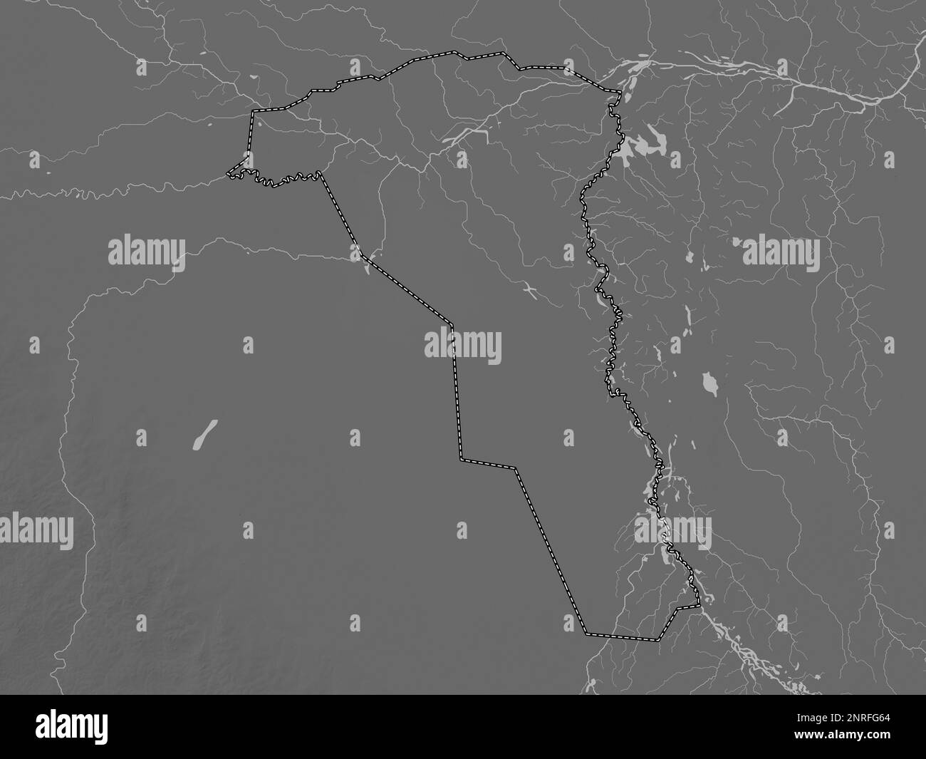 Unity, state of South Sudan. Grayscale elevation map with lakes and ...