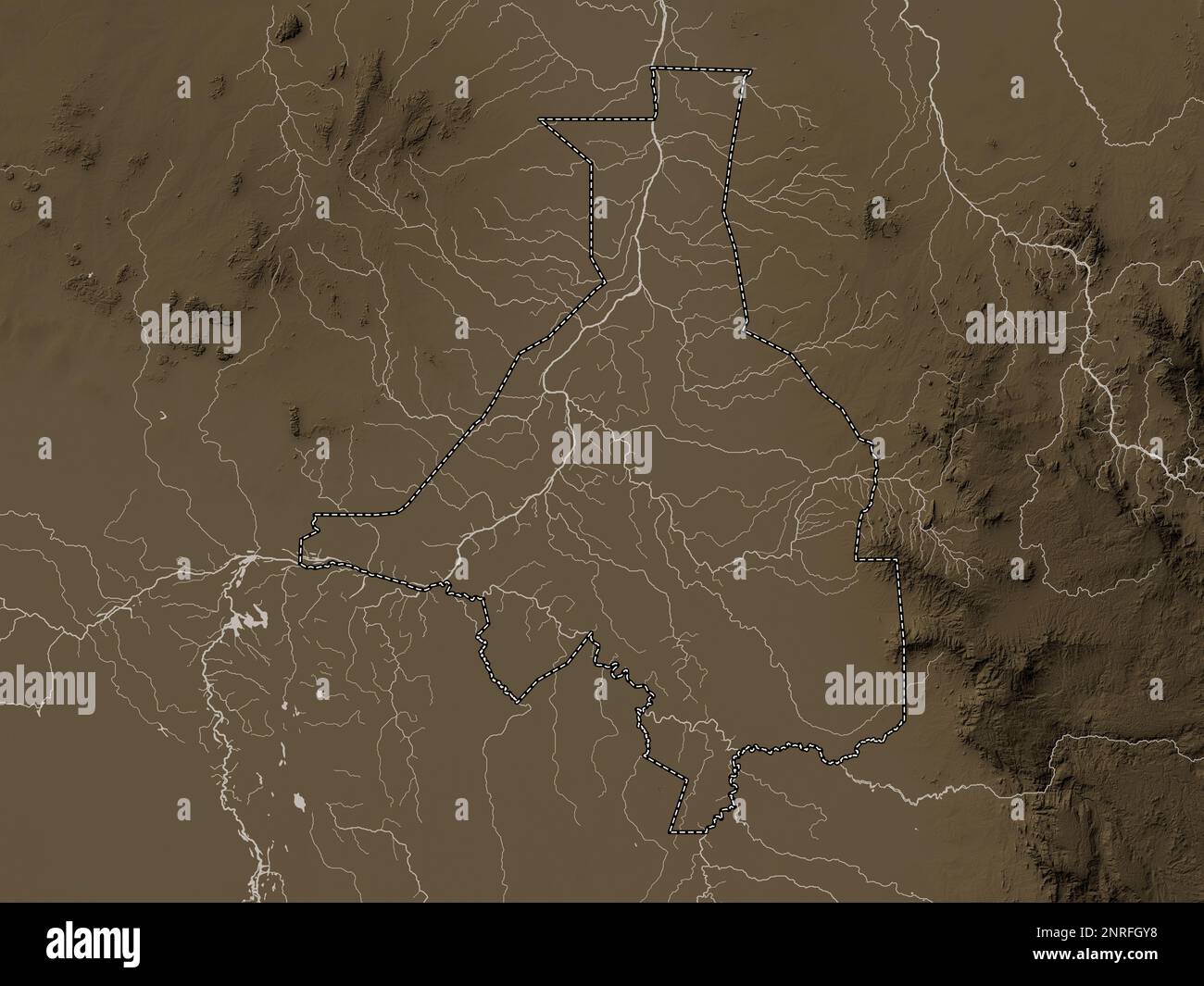 Upper Nile, state of South Sudan. Elevation map colored in sepia tones ...