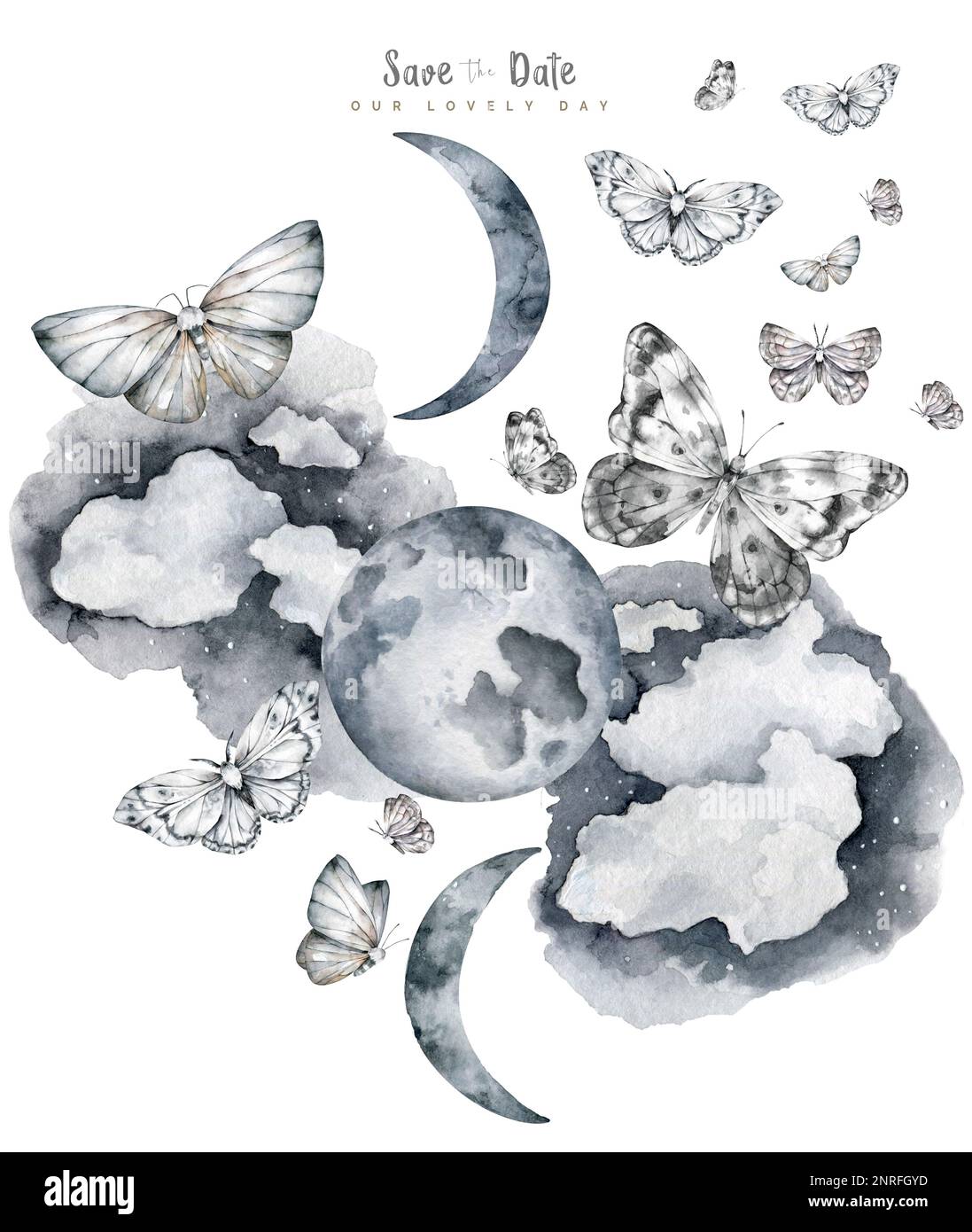 Night butterflies and moon watercolor. Flying butterflies in the night ...