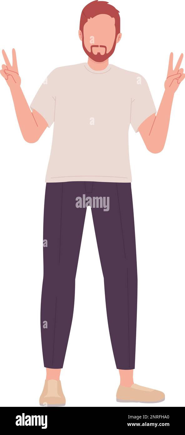 Bearded man posing with peace sign semi flat color vector character ...