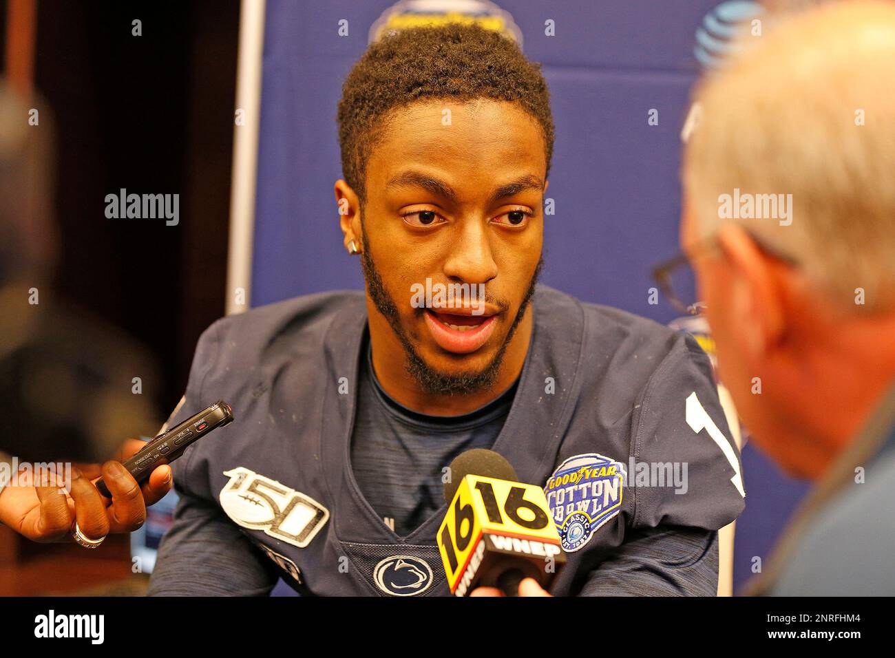 Penn State receiver K.J. Hamler talks to the media during a press ...