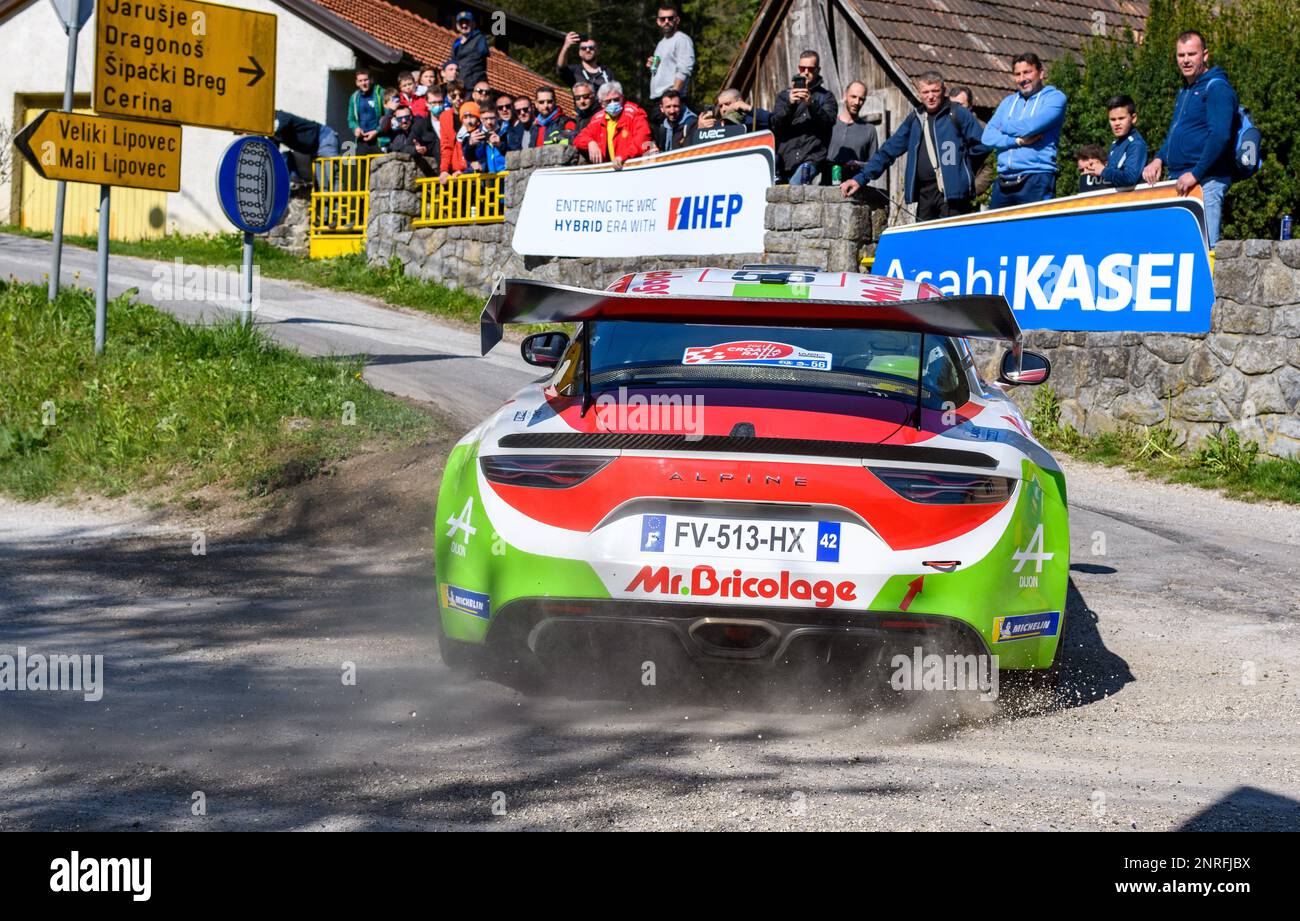 Alpine WRC race car drifting through a hairpin corner at Rally Croatia ...