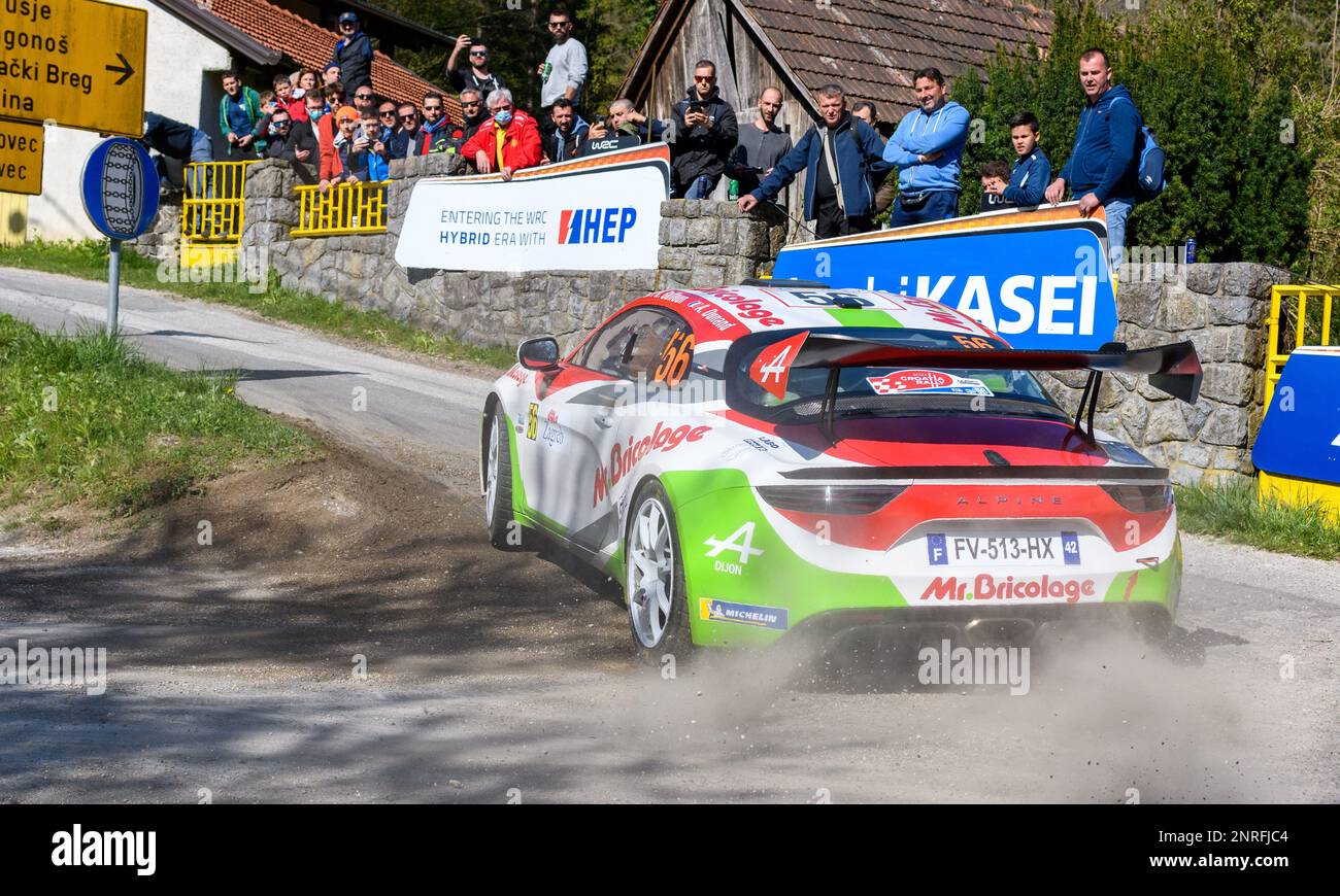 Alpine WRC race car drifting through a hairpin corner at Rally Croatia ...
