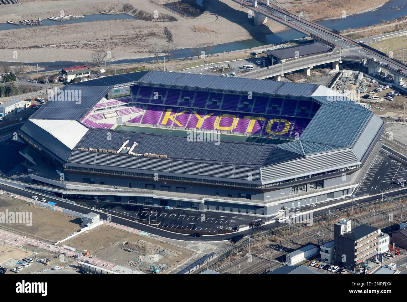 An aerial photo shows Kyoto Stadium, or Kyosera Sanga Stadium, that ...
