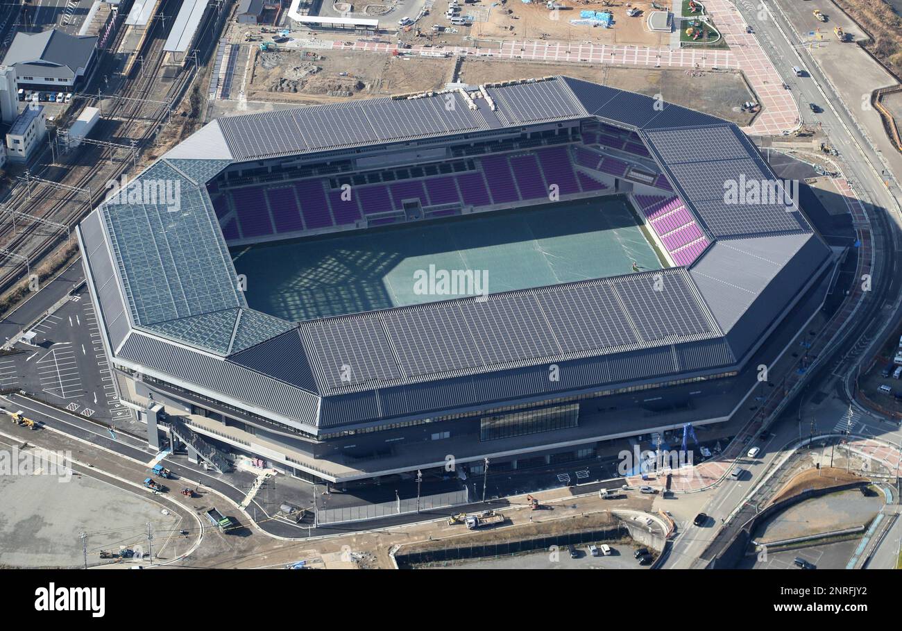An aerial photo shows Kyoto Stadium, or Kyosera Sanga Stadium, that ...