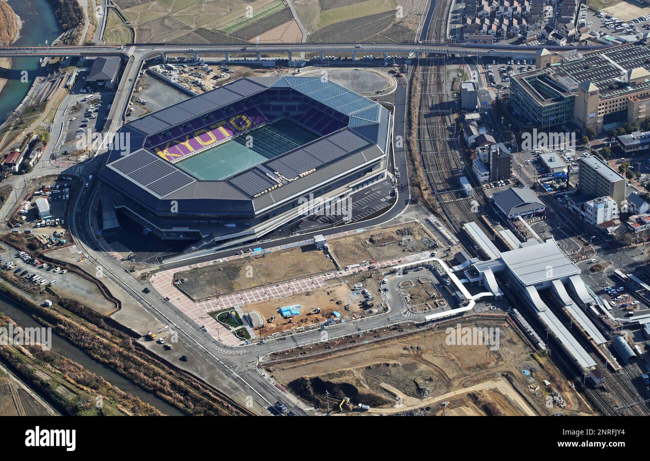 An aerial photo shows Kyoto Stadium, or Kyosera Sanga Stadium, that ...