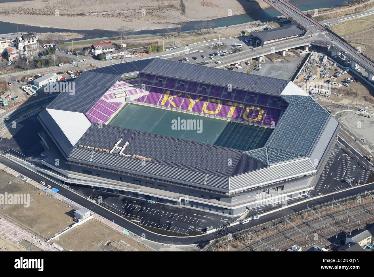 An aerial photo shows Kyoto Stadium, or Kyosera Sanga Stadium, that ...