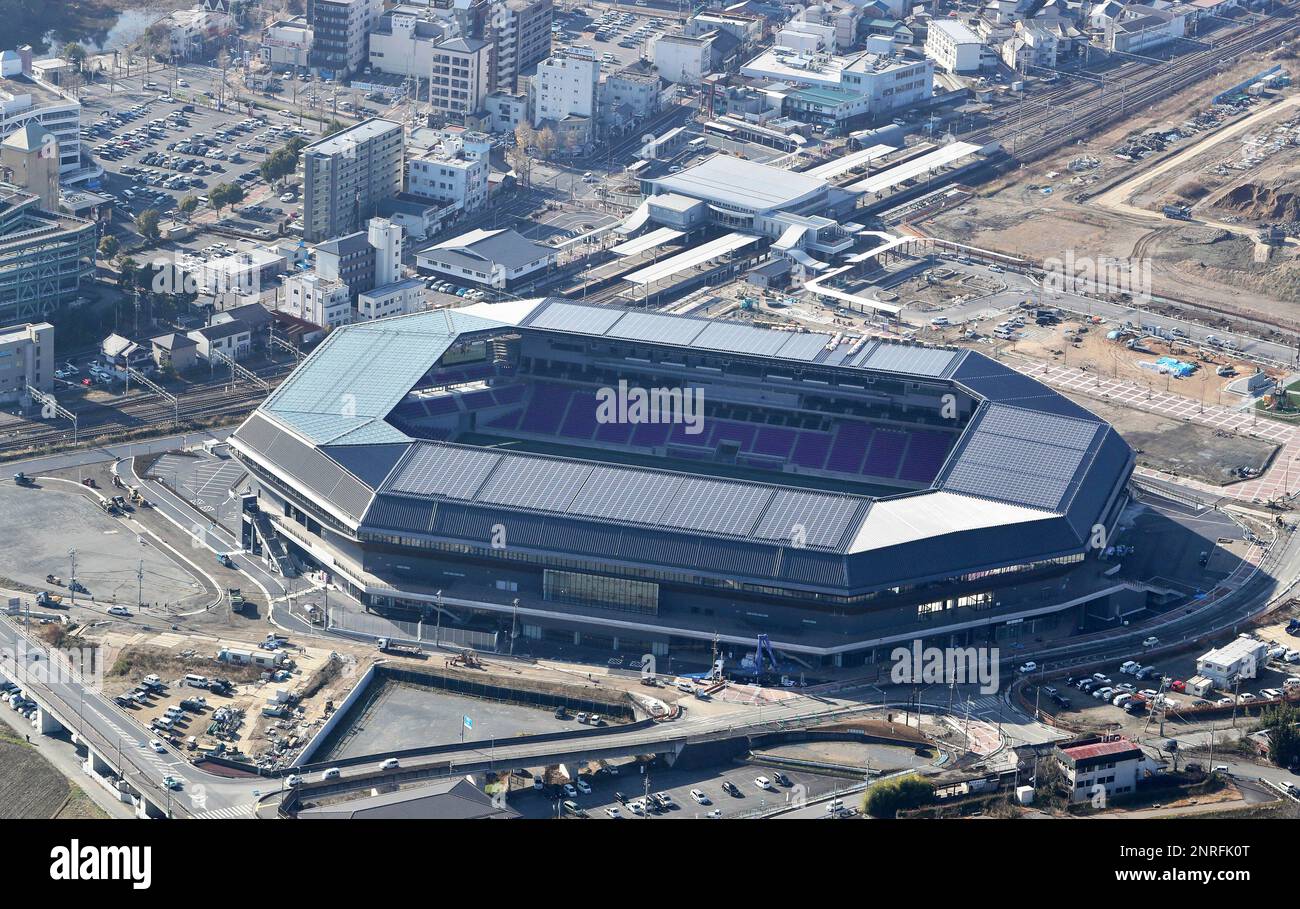 An aerial photo shows Kyoto Stadium, or Kyosera Sanga Stadium, that ...