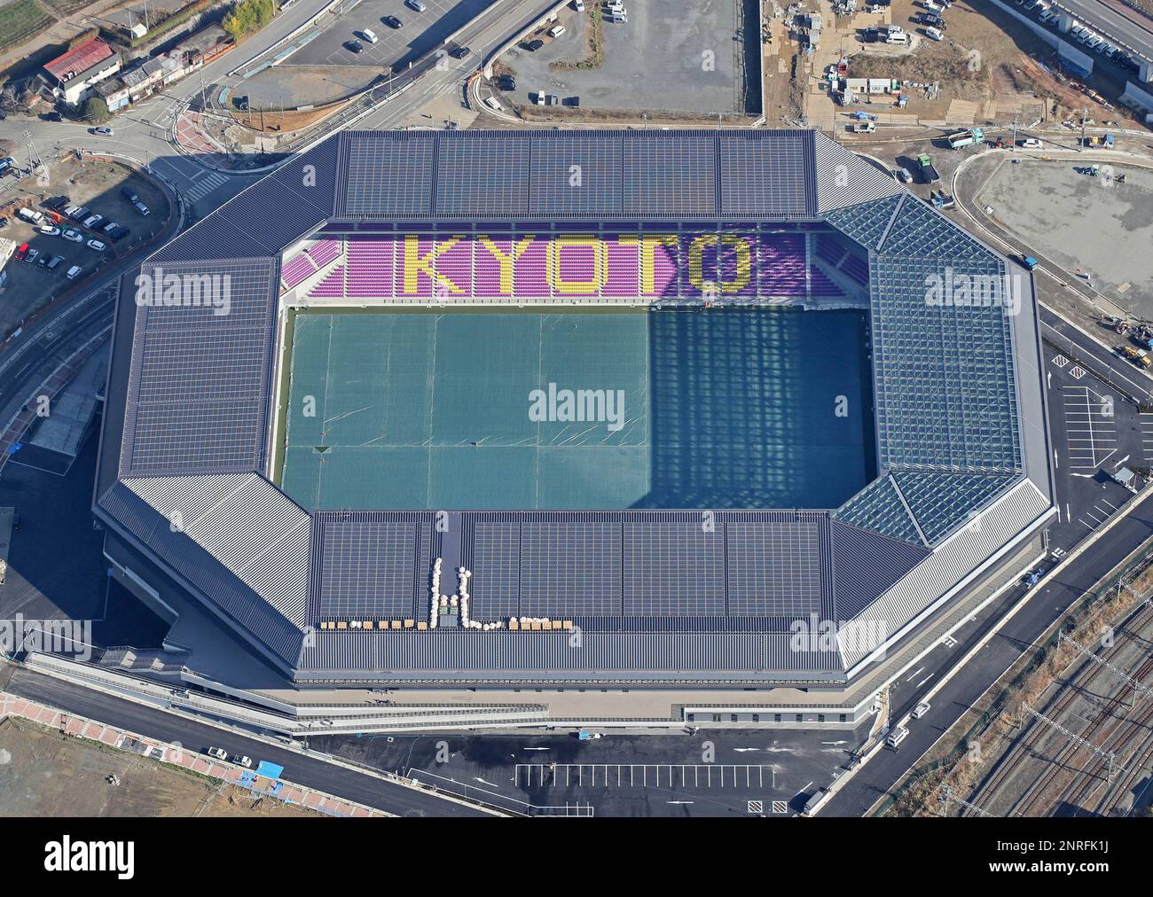 An aerial photo shows Kyoto Stadium, or Kyosera Sanga Stadium, that ...