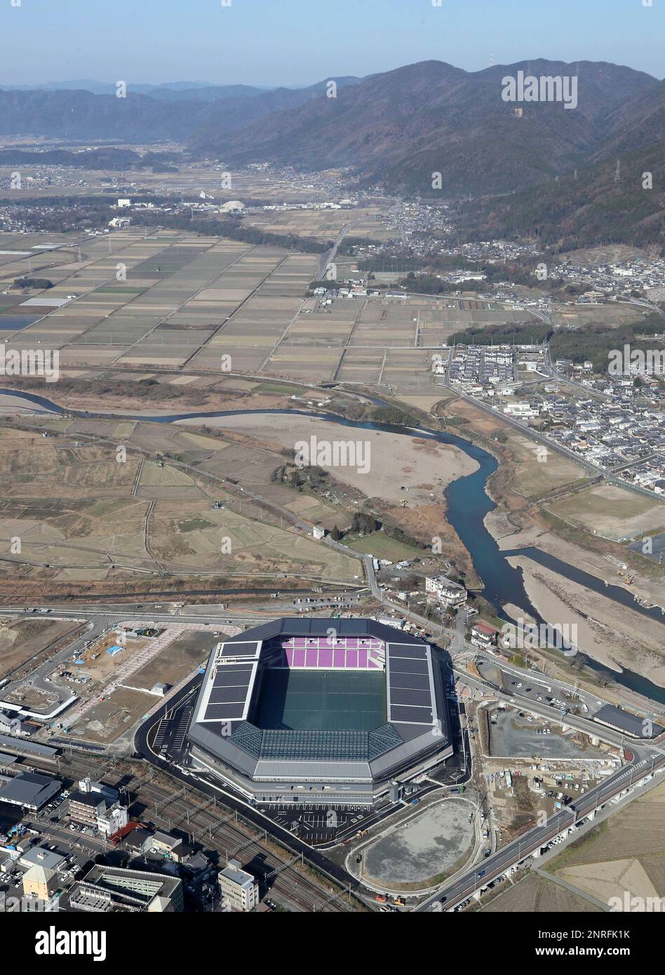 An aerial photo shows Kyoto Stadium, or Kyosera Sanga Stadium, that ...