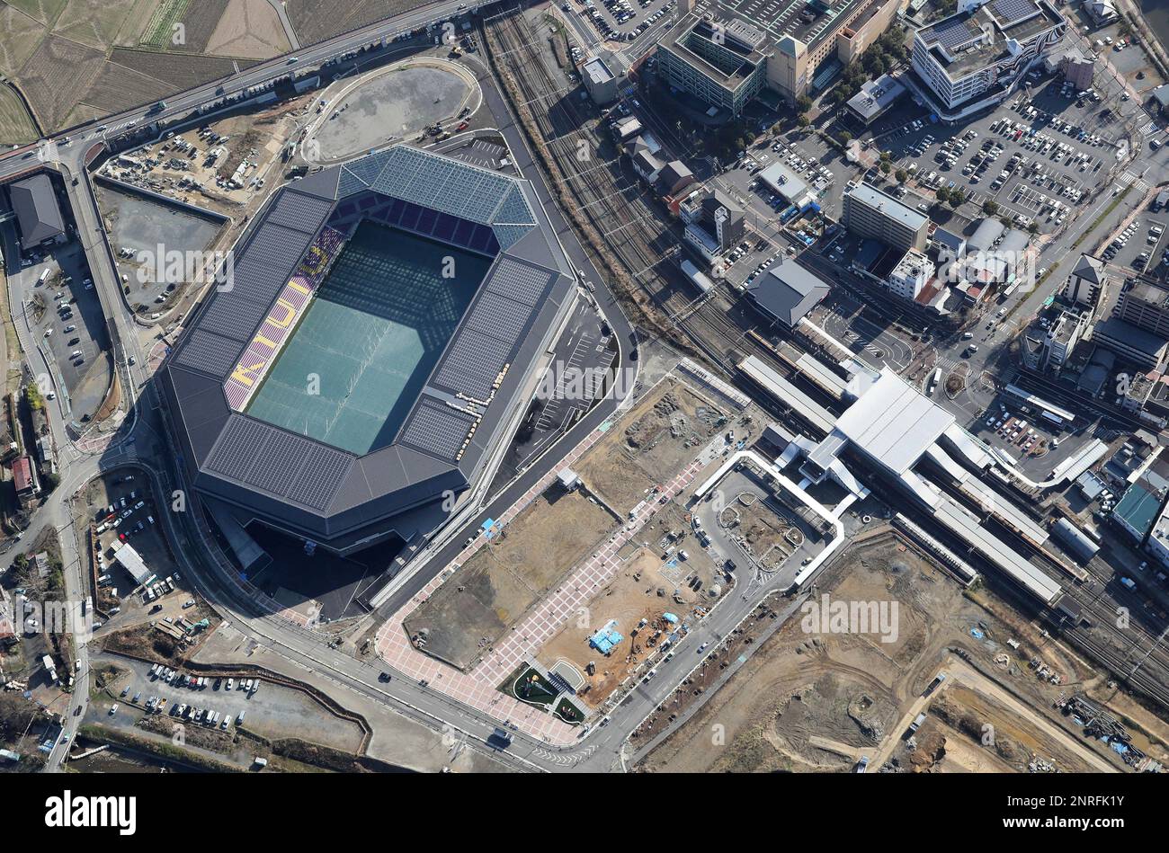 An aerial photo shows Kyoto Stadium, or Kyosera Sanga Stadium, that ...