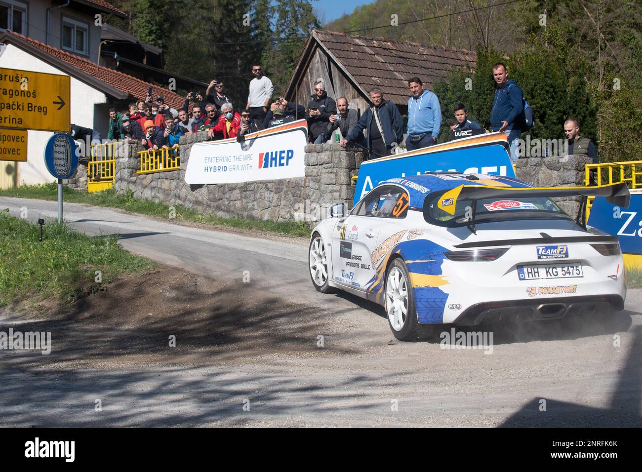 Alpine WRC race car drifting through a hairpin corner at Rally Croatia ...