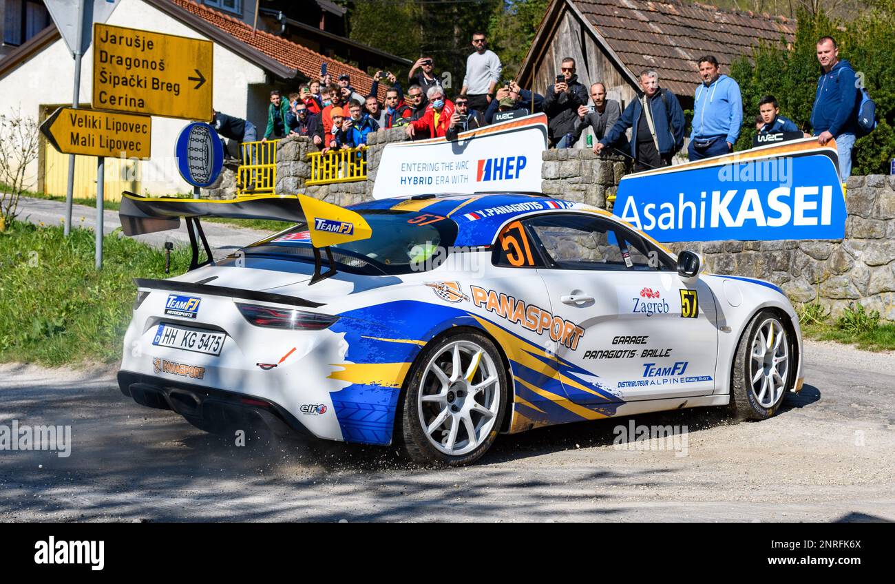 Alpine WRC race car drifting through a hairpin corner at Rally Croatia in April 2021 Stock Photo ...