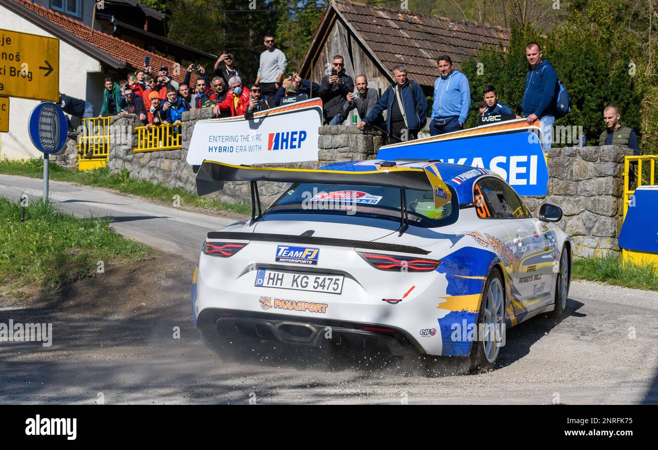 Alpine WRC race car drifting through a hairpin corner at Rally Croatia ...