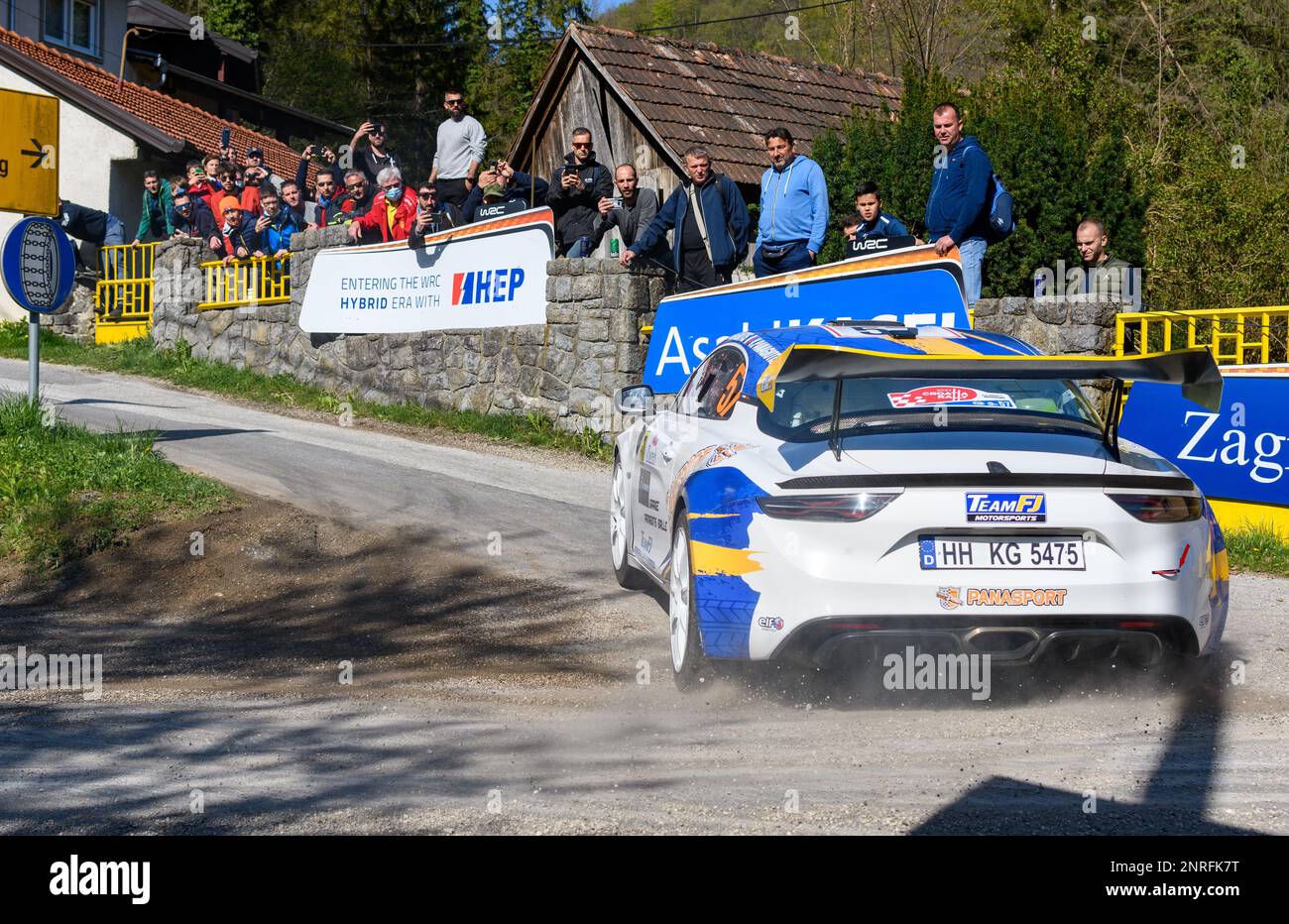 Alpine WRC race car drifting through a hairpin corner at Rally Croatia ...