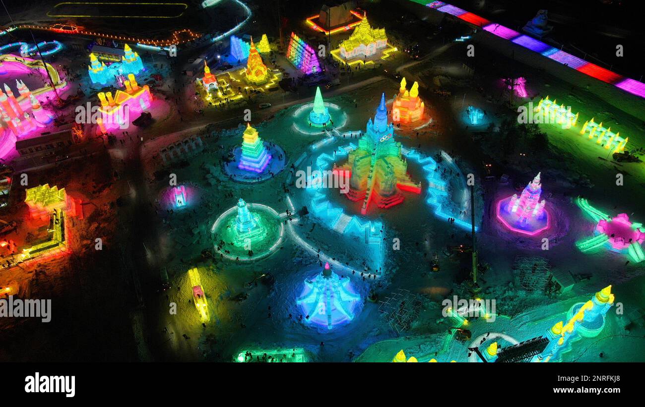 Aerial view of the lighted ice and snow world in Changchun in northeast ...