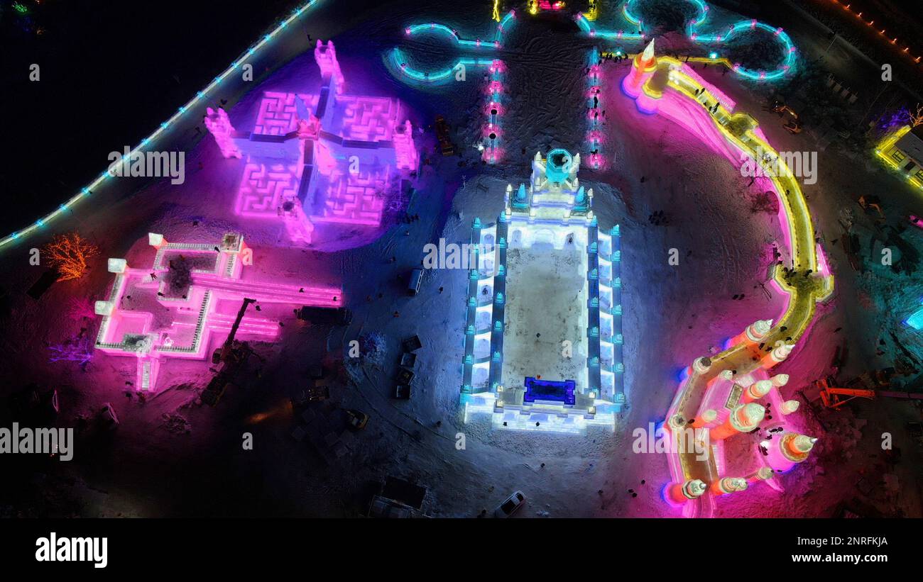 Aerial view of the lighted ice and snow world in Changchun in northeast ...