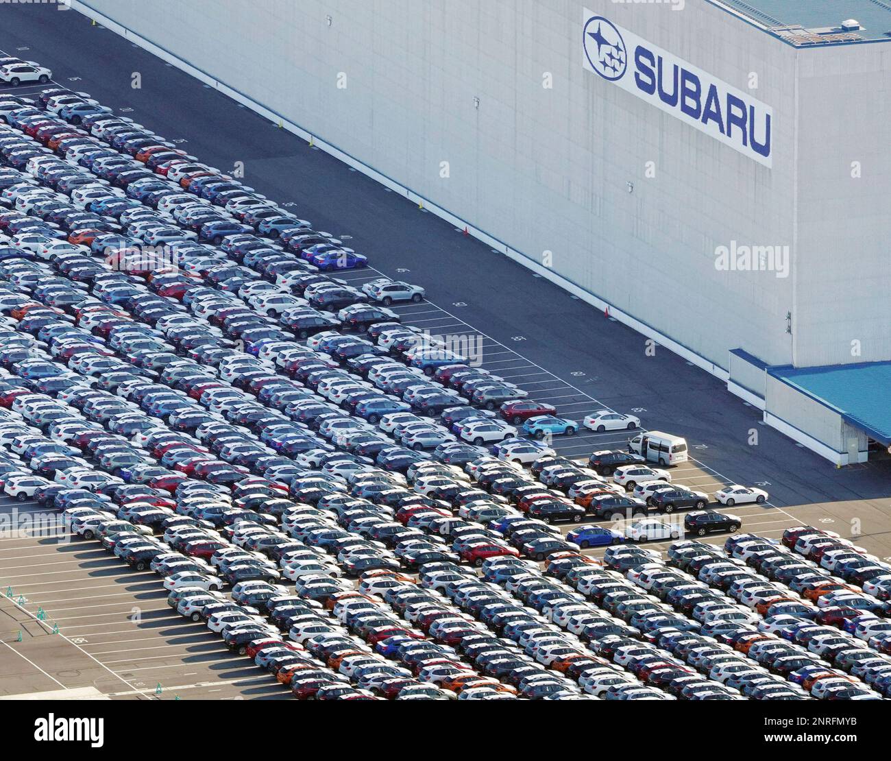 An aerial photo shows hundreds of Subaru's Legacy vehicle lined for ...