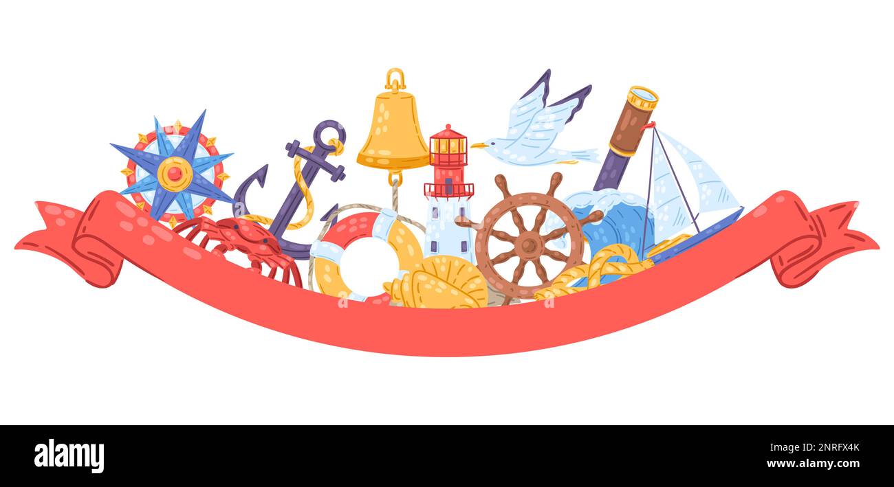 Background with nautical symbols and items. Marine cute illustration ...