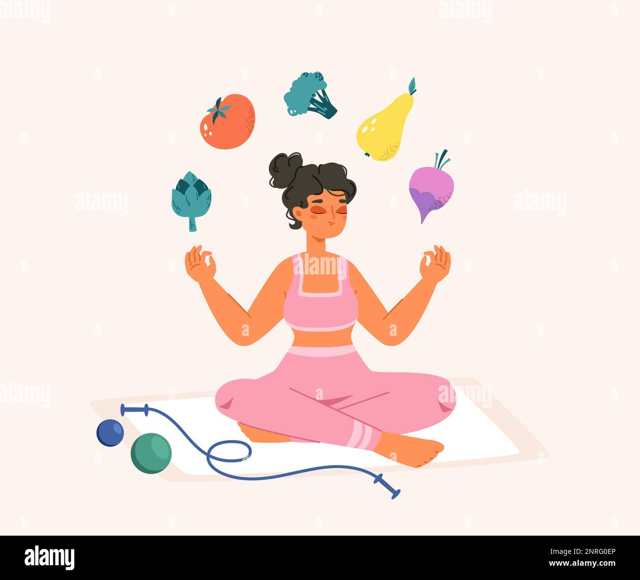 Healthy lifestyle, raw food and sport. Girl meditation, relax on rug ...