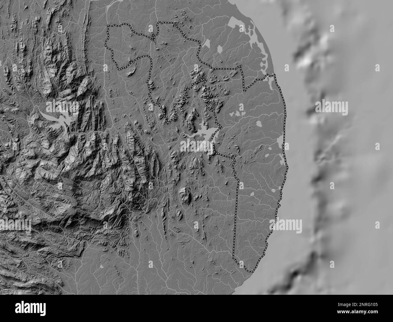 Ampara, district of Sri Lanka. Bilevel elevation map with lakes and ...