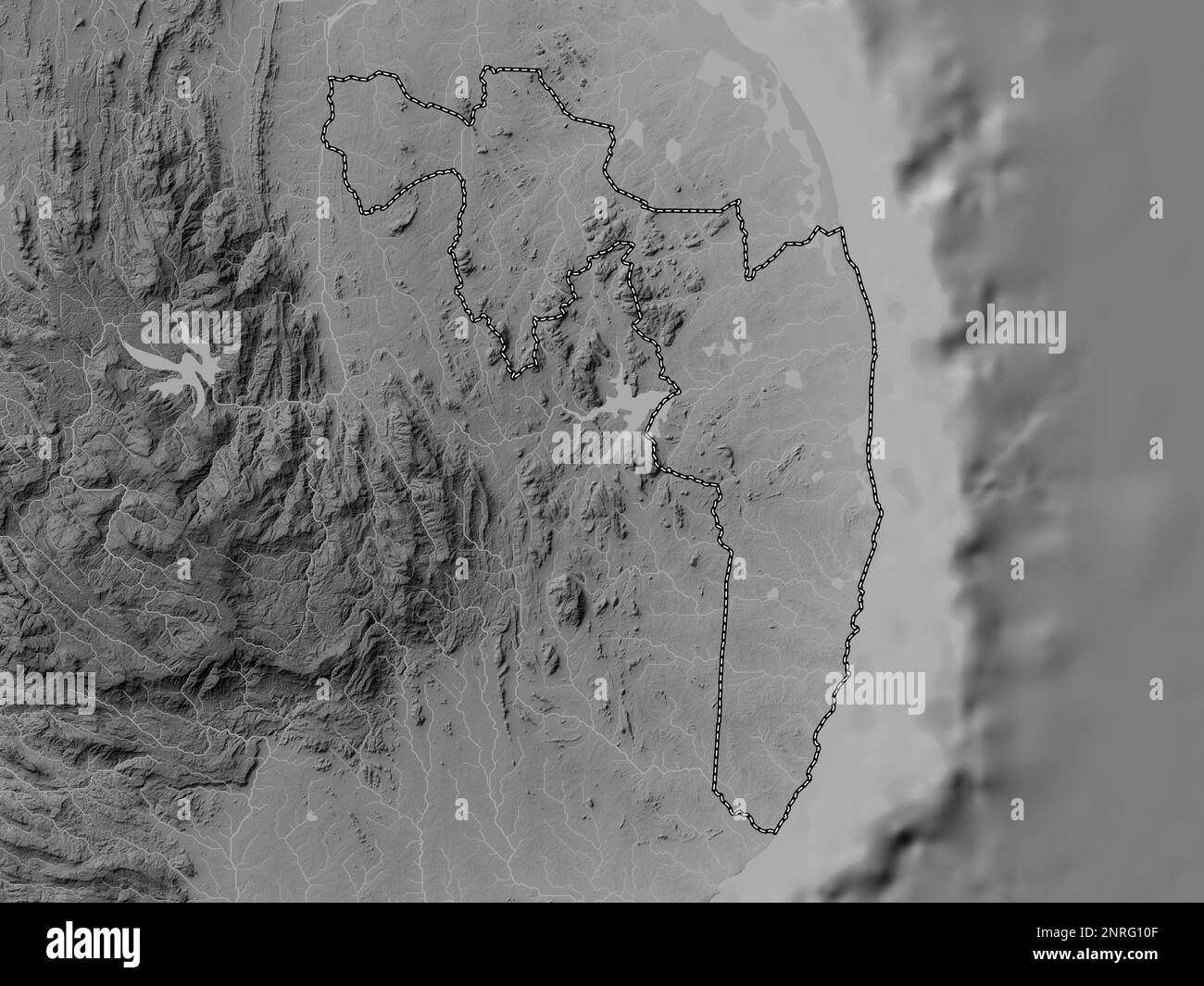Ampara, district of Sri Lanka. Grayscale elevation map with lakes and ...