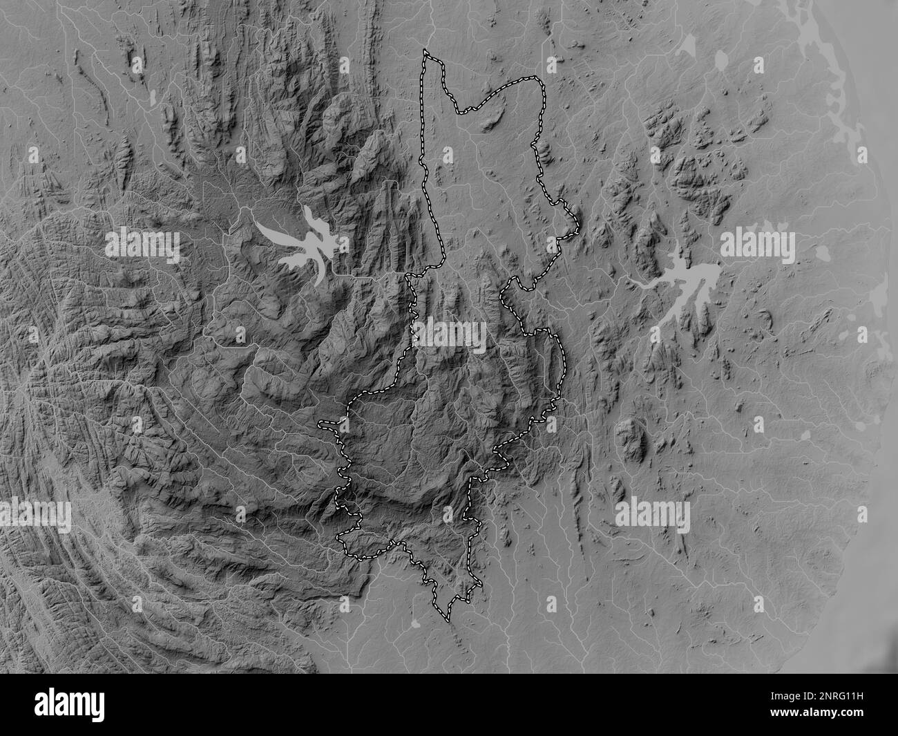 Badulla, district of Sri Lanka. Grayscale elevation map with lakes and ...