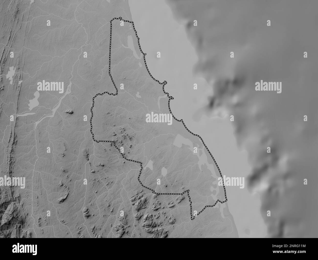 Batticaloa, district of Sri Lanka. Grayscale elevation map with lakes ...