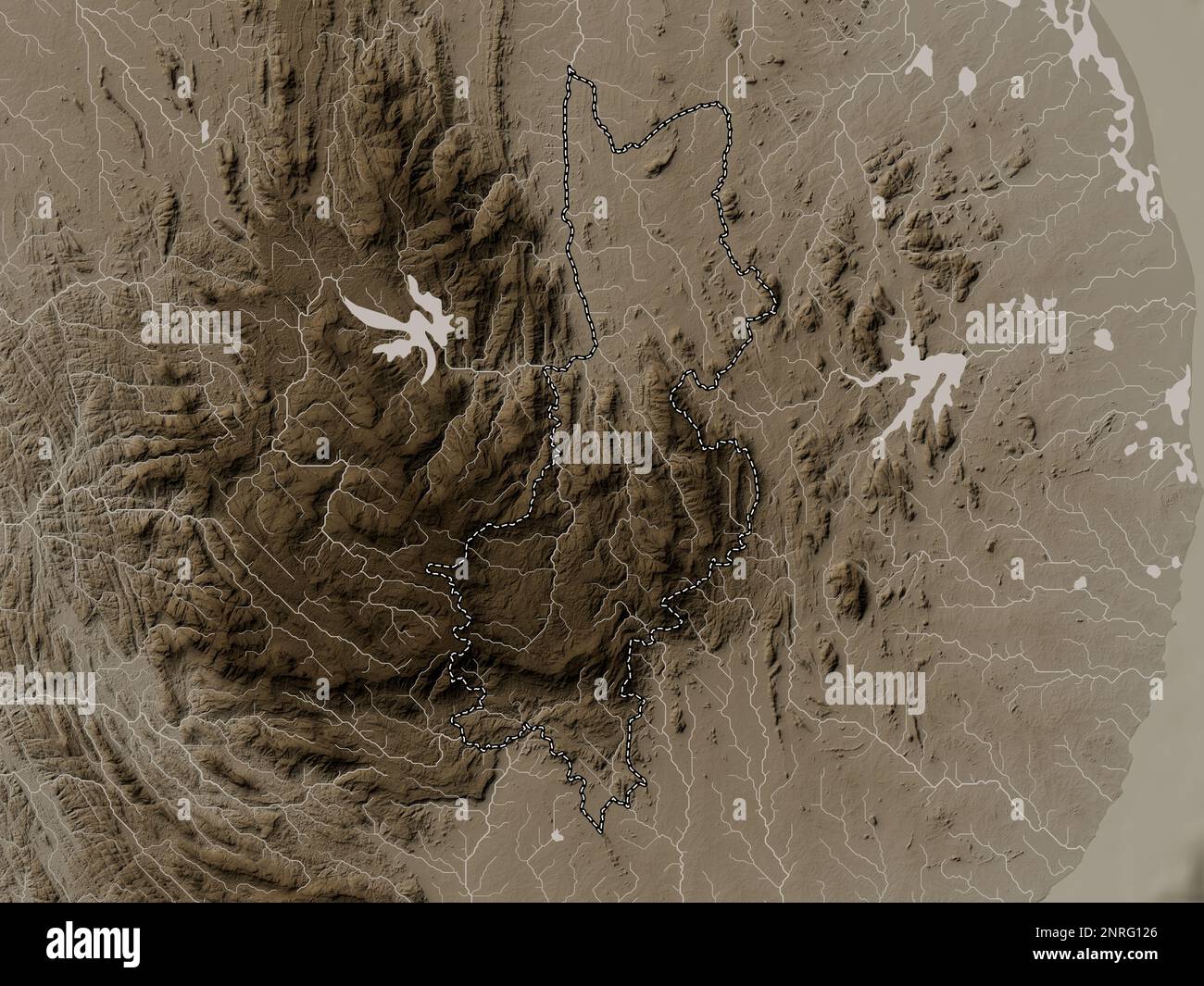 Badulla, district of Sri Lanka. Elevation map colored in sepia tones ...