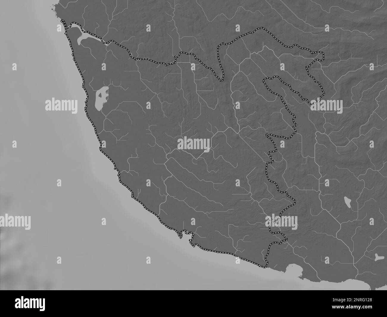 Galle, district of Sri Lanka. Grayscale elevation map with lakes and ...