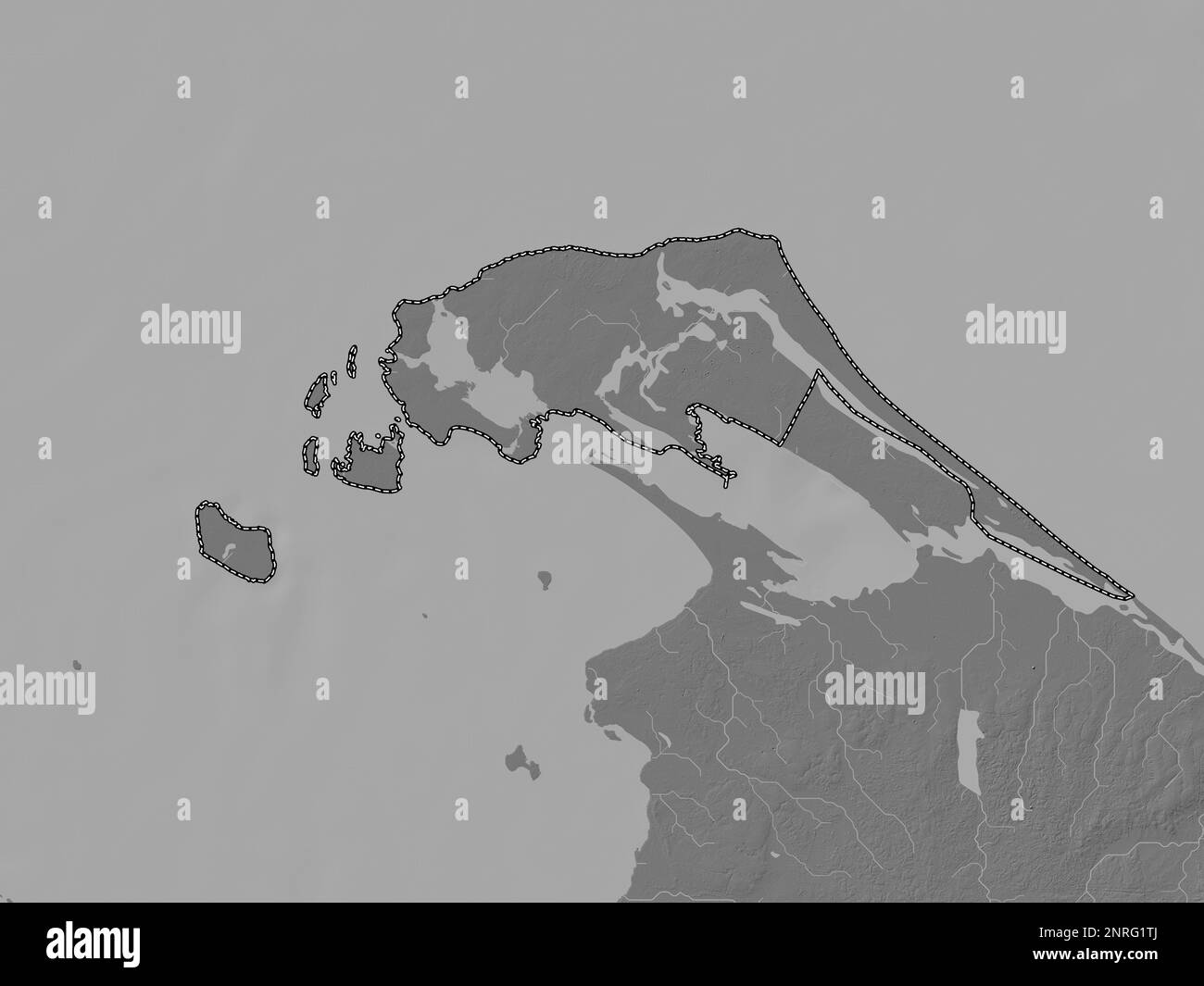 Jaffna, district of Sri Lanka. Bilevel elevation map with lakes and ...