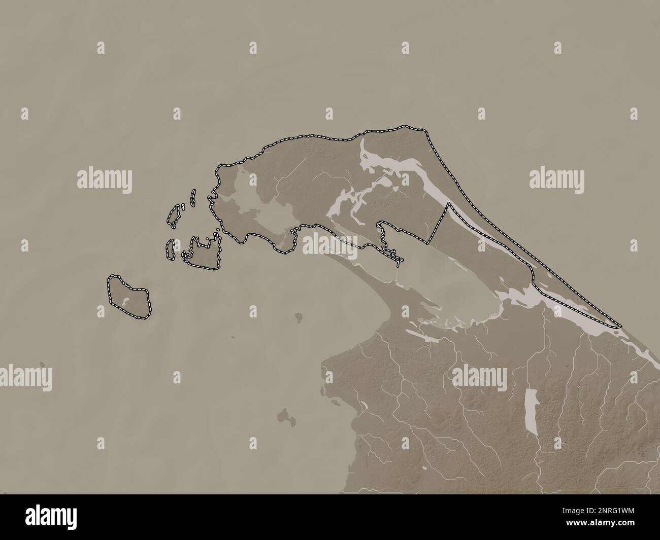 Jaffna, district of Sri Lanka. Elevation map colored in sepia tones ...