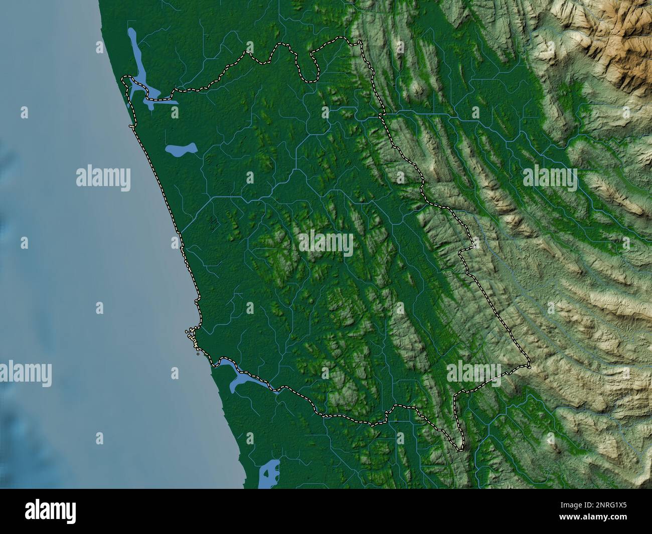 Kalutara, district of Sri Lanka. Colored elevation map with lakes and ...