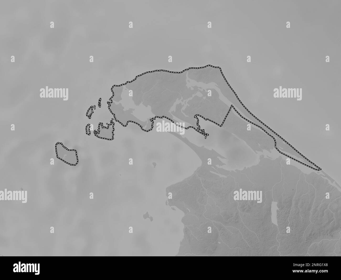 Jaffna, district of Sri Lanka. Grayscale elevation map with lakes and ...
