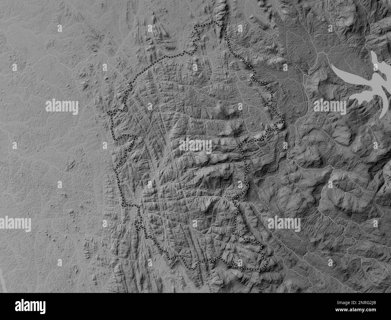Kegalle, district of Sri Lanka. Grayscale elevation map with lakes and ...