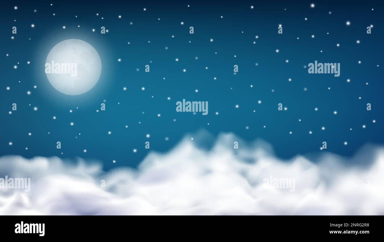 Realistic night sky with moon and stars. Cloudy fog, starry horizontal ...