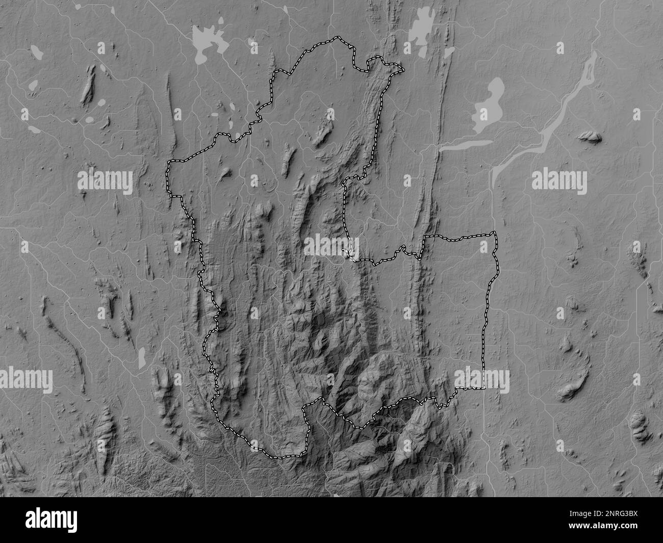 Matale, district of Sri Lanka. Grayscale elevation map with lakes and ...