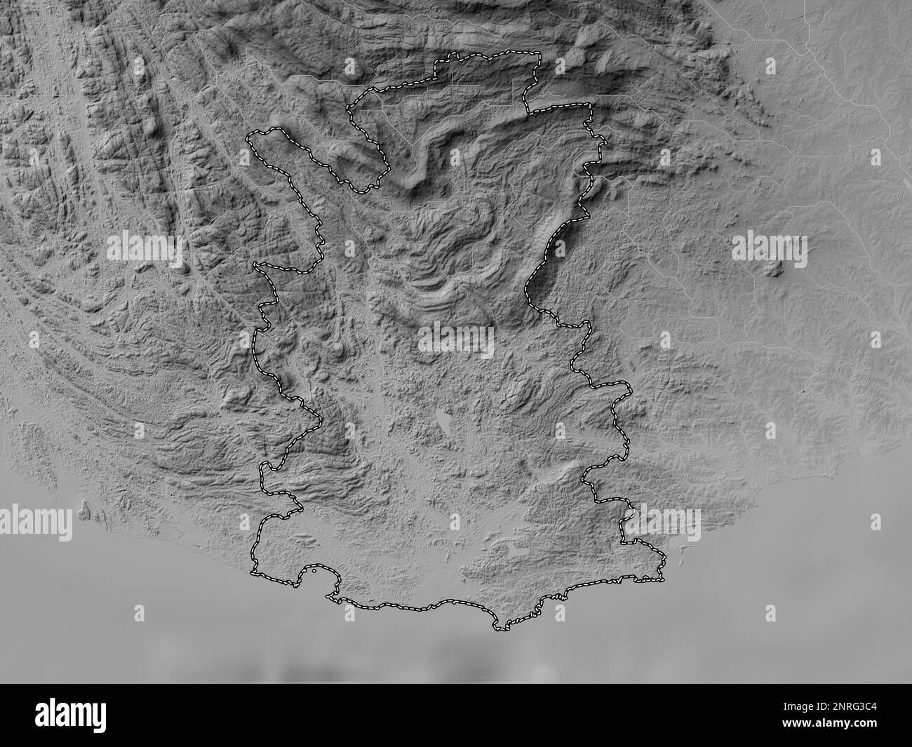Matara, district of Sri Lanka. Grayscale elevation map with lakes and ...