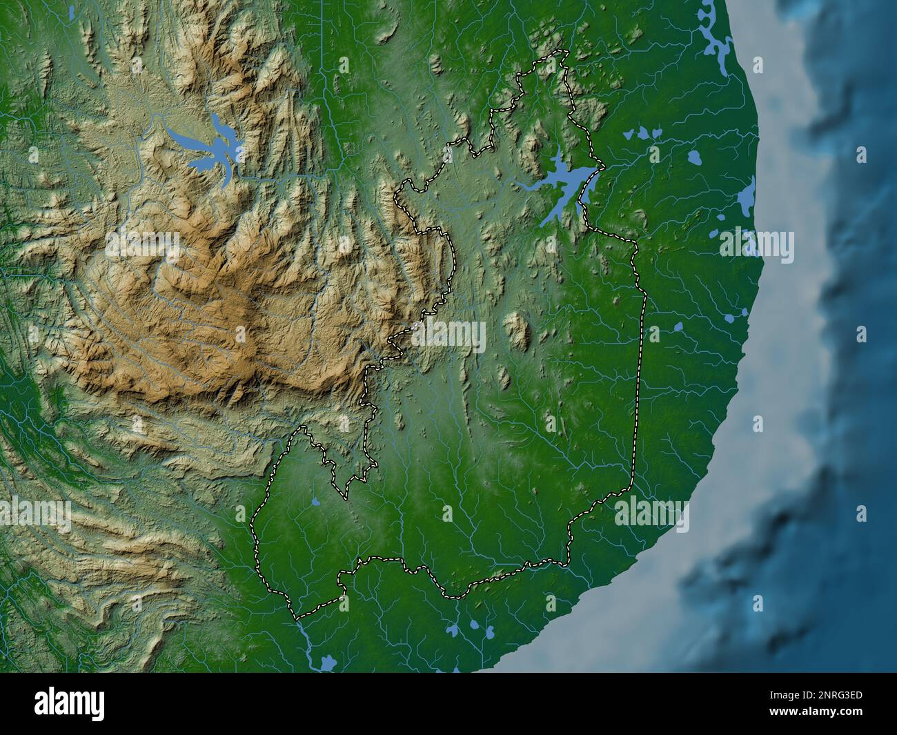 Moneragala, district of Sri Lanka. Colored elevation map with lakes and ...