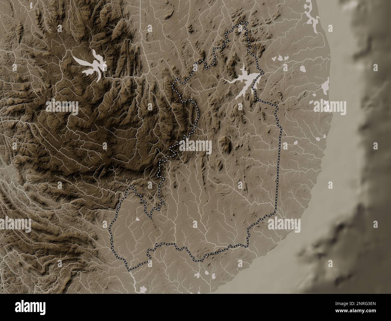 Moneragala, district of Sri Lanka. Elevation map colored in sepia tones ...