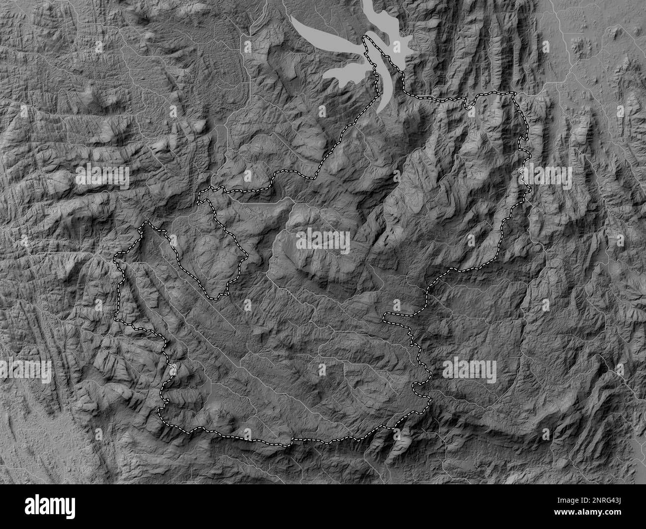 Nuwara Eliya, district of Sri Lanka. Grayscale elevation map with lakes ...