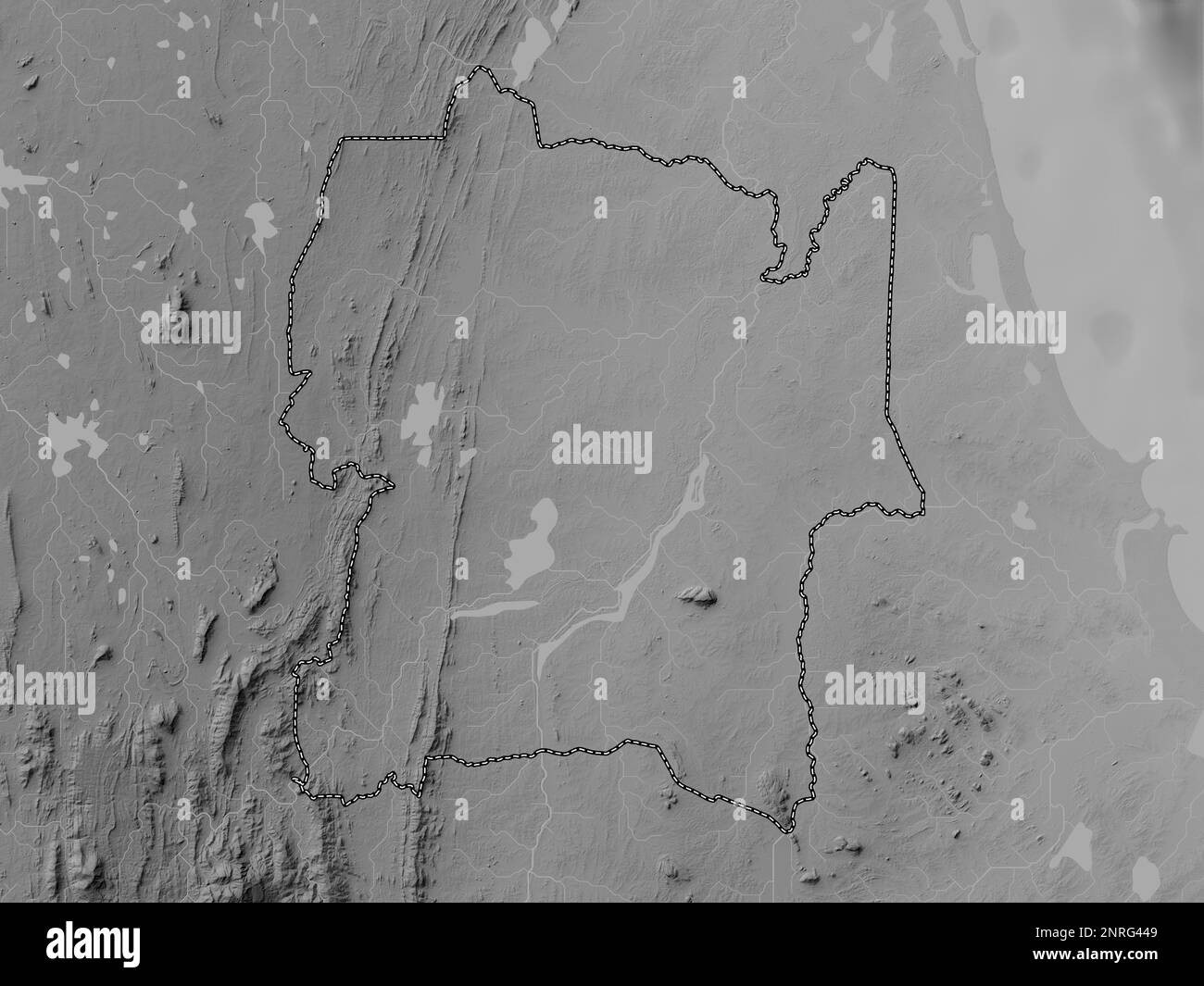 Polonnaruwa, district of Sri Lanka. Grayscale elevation map with lakes ...